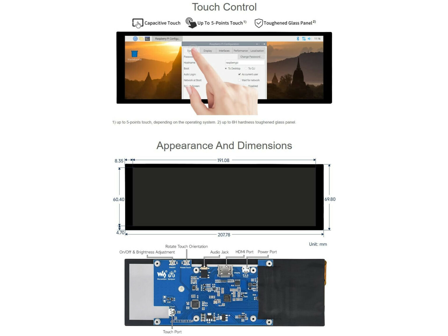 Waveshare LCD Display, 7.9", 1280 x 400, Touch Screen, HDMI, IPS - 99Tech