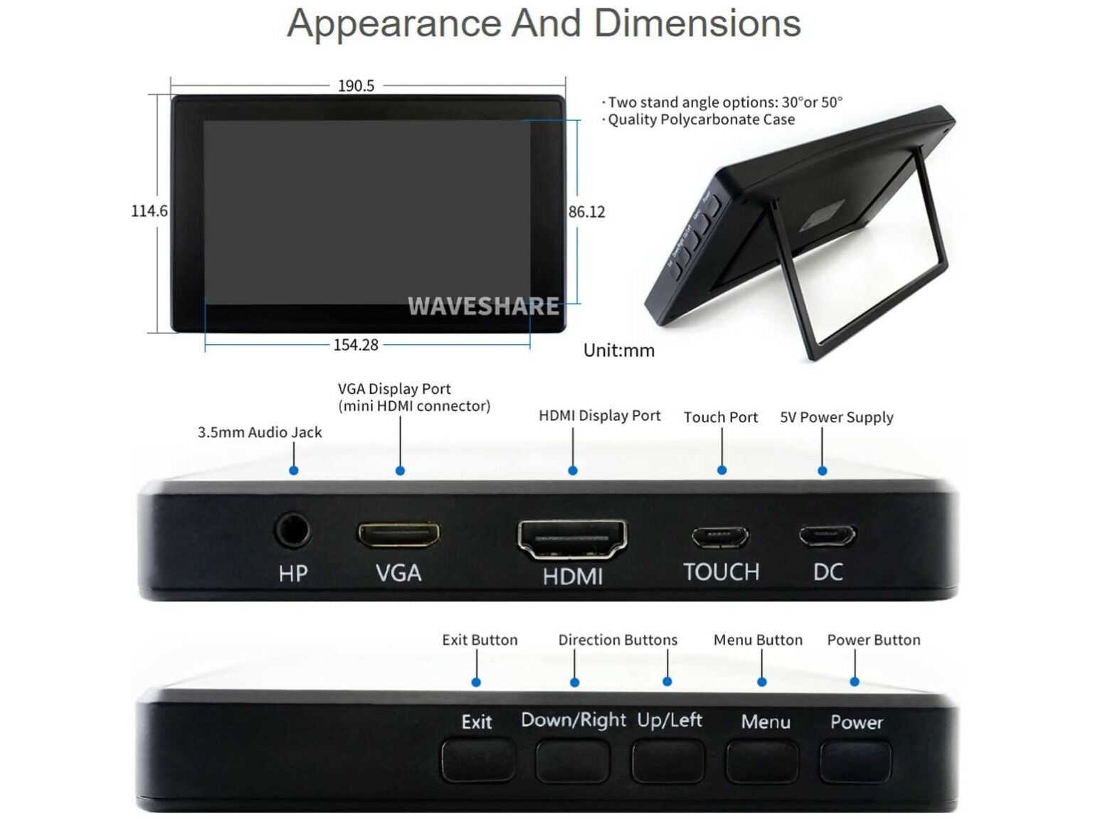Waveshare LCD Display(H), 7", 1024 x 600, Touch Screen, HDMI, IPS ...